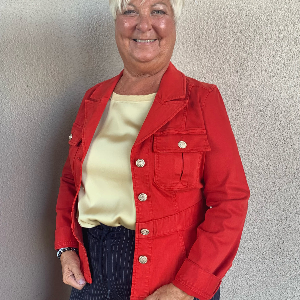 Red Peplum Denim Jacket with Tab Button Detail – Mainstream Boutique Naples